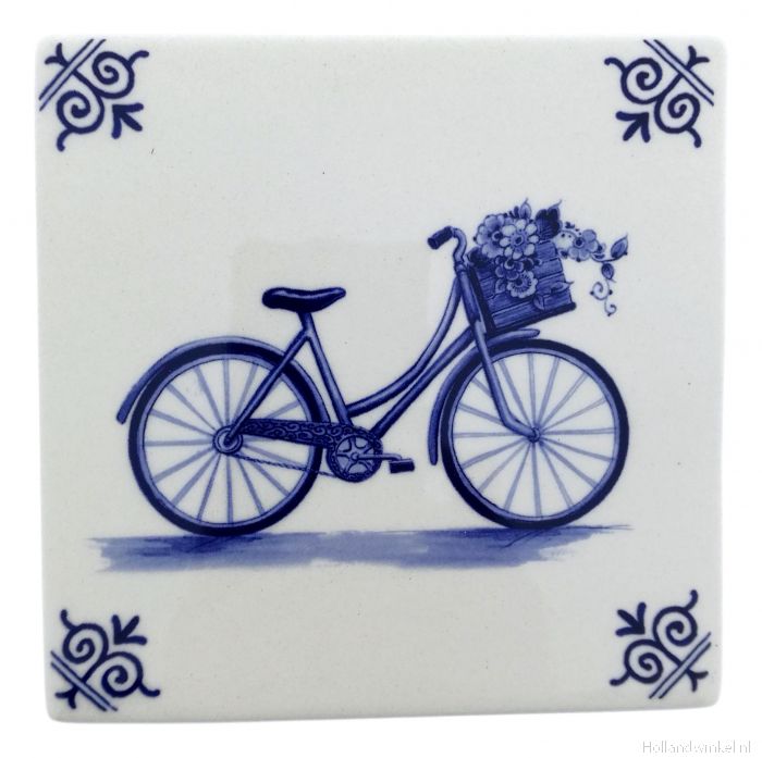 Tegel Delfts Blauw "De Fiets" , 13 cm Nederlands mooiste Delfts blauw