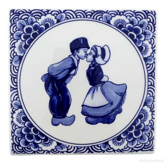 Tegel Delfts Blauw "Kussend Paar" , 13 cm Nederlands mooiste Delfts blauw